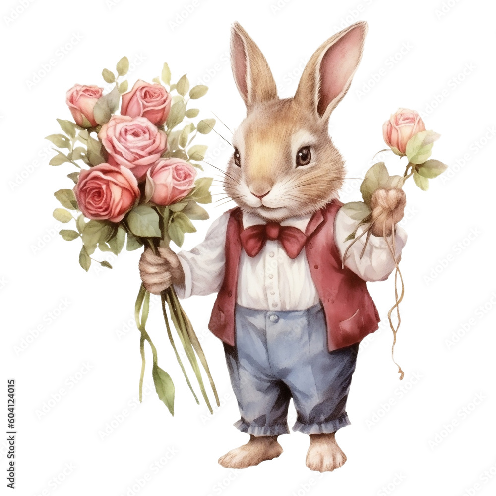 Vintage Rabbit with Roses Watercolor Clipart Illustration, made with ...