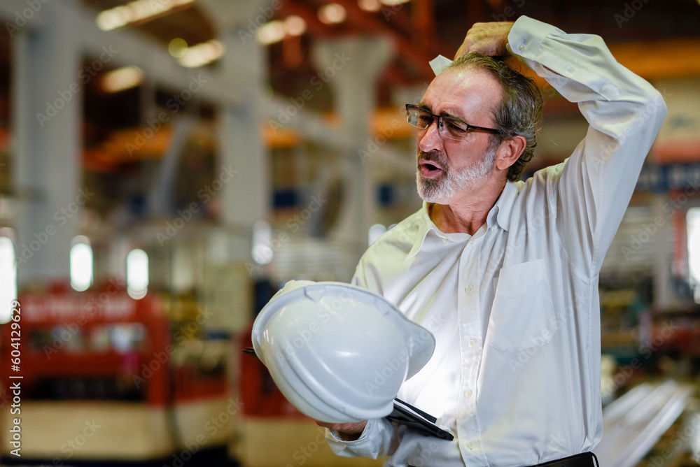 boss manager engineer with helmet tired in construction factory heavy ...