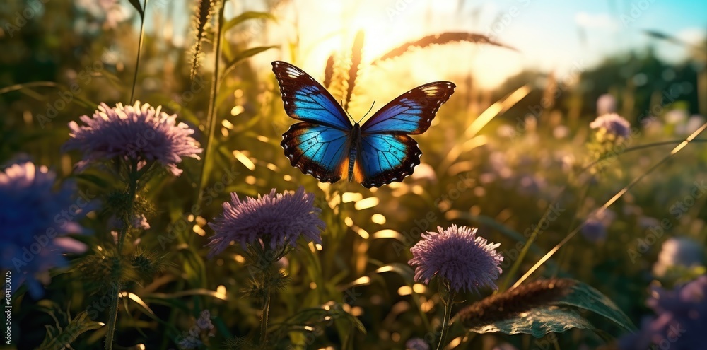 Ethereal Beauty: Blue Butterfly Dancing in a Panoramic Field ...