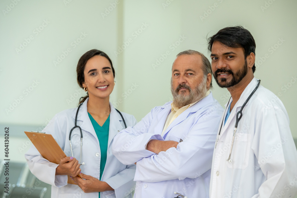 Multidisciplinary teamwork Three doctor portrait in white coat gown ...