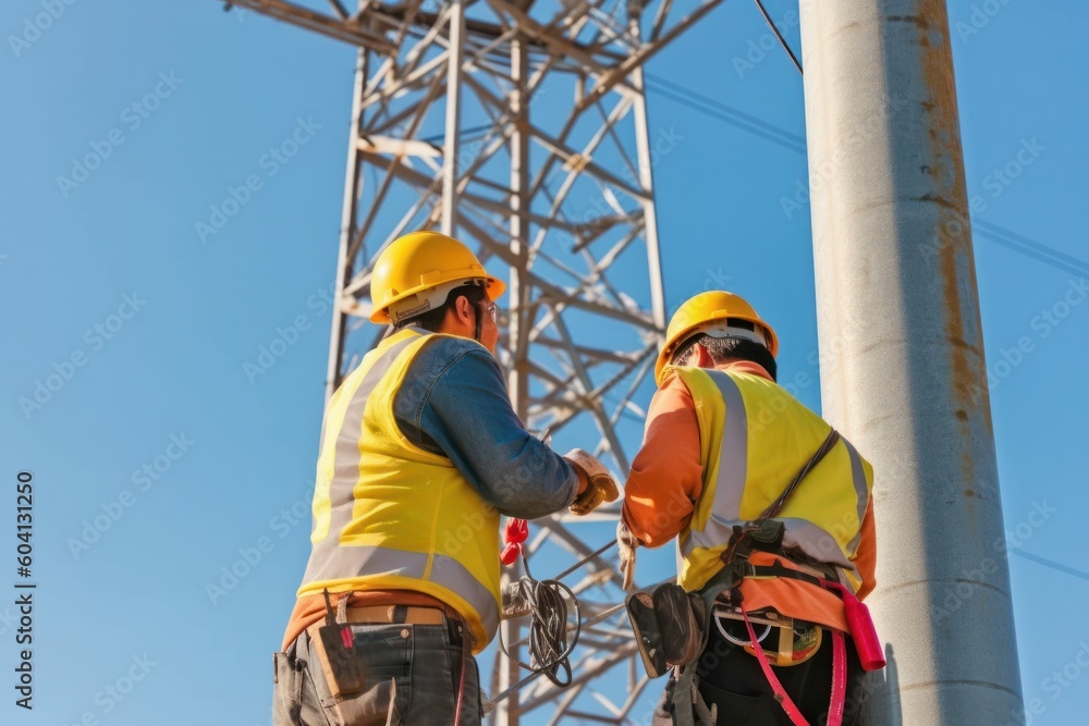 Electrical engineers diligently work on electrical pylon transmission ...