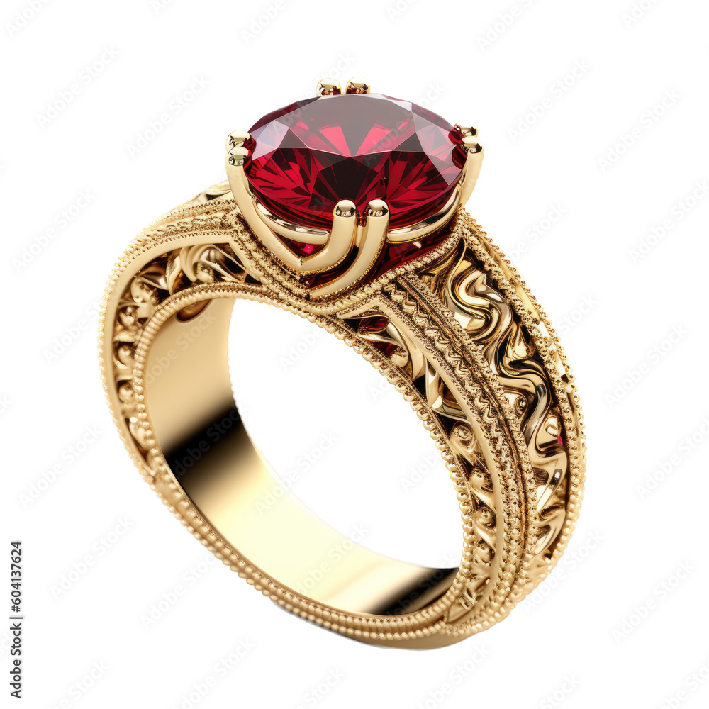 an isolated whole Ruby precious gem, a wedding ring set in a gold ...