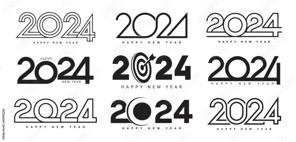 Collection of Happy New Year 2024 symbols. Vector illustration with ...