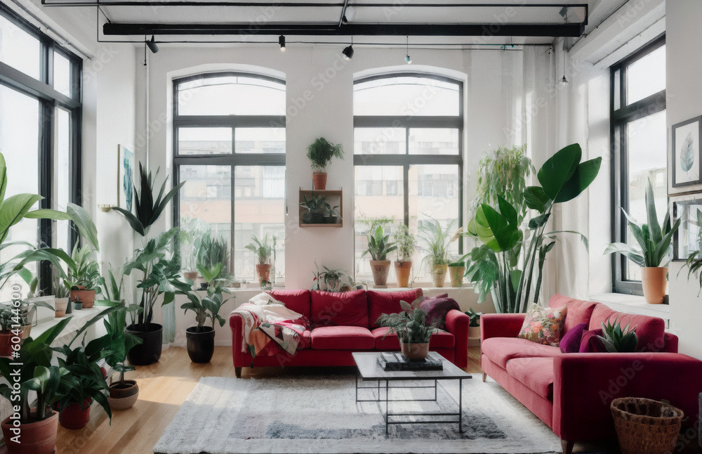 Interior design of a cozy loft living room with big windows, beautiful ...