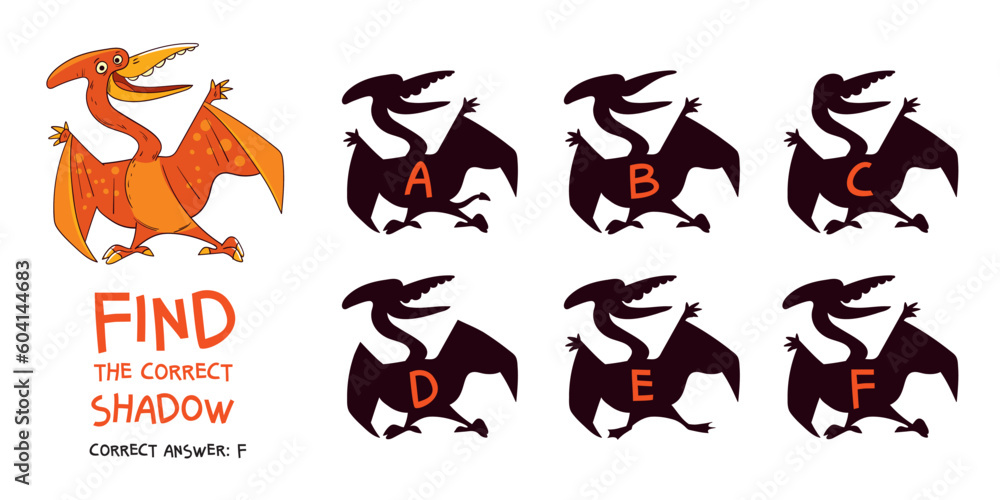 Find the correct shadow. Pterosaur. Educational game for children ...