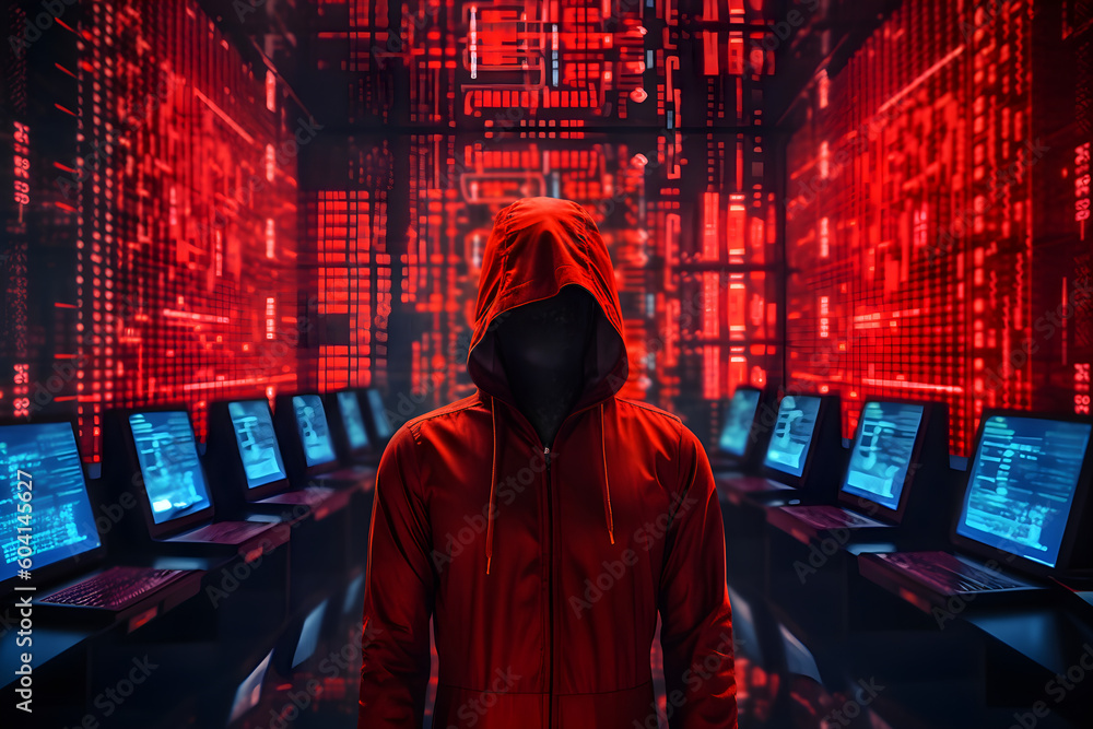 Cyber security concept. Hacker in red, standing in front of computers ...