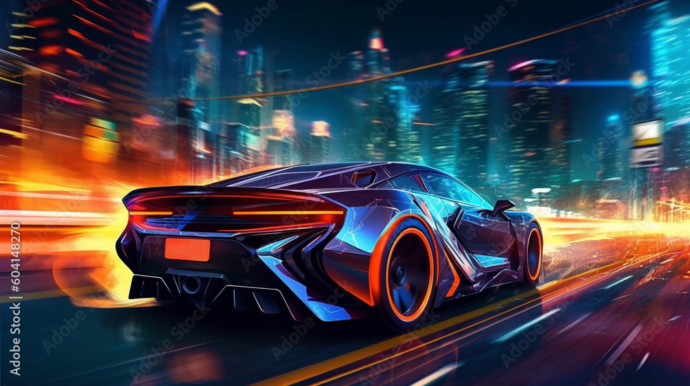 Futuristic Sports Car On Neon Highway wallpaper. Powerful acceleration ...