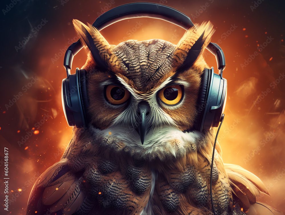Cool owl wearing headphones and listening to music - Generative AI ...
