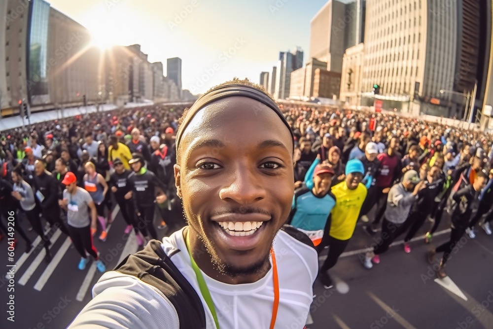 black male marathon runner is taking a selfie while running through a ...