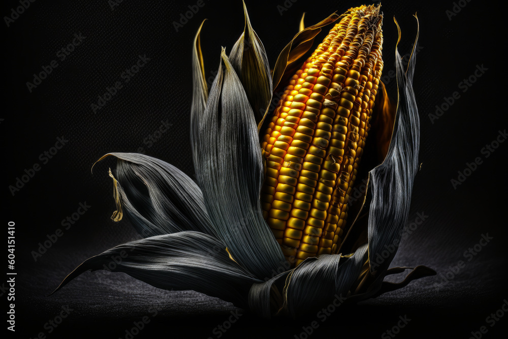 Captivating corn cob emerging from textured husk in chiaroscuro ...