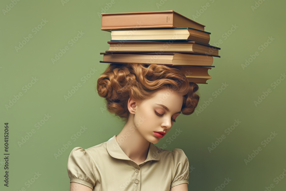 Caucasian Young Woman Balancing Multiple Educational Books on Her Head ...