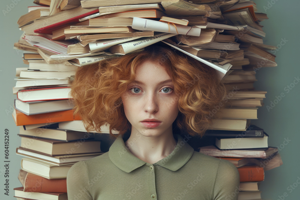 Caucasian Young Woman Balancing Multiple Educational Books on Her Head ...