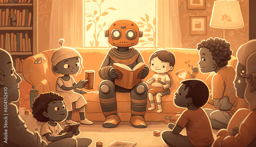 Captivating illustration of an intelligent humanoid robot reading ...