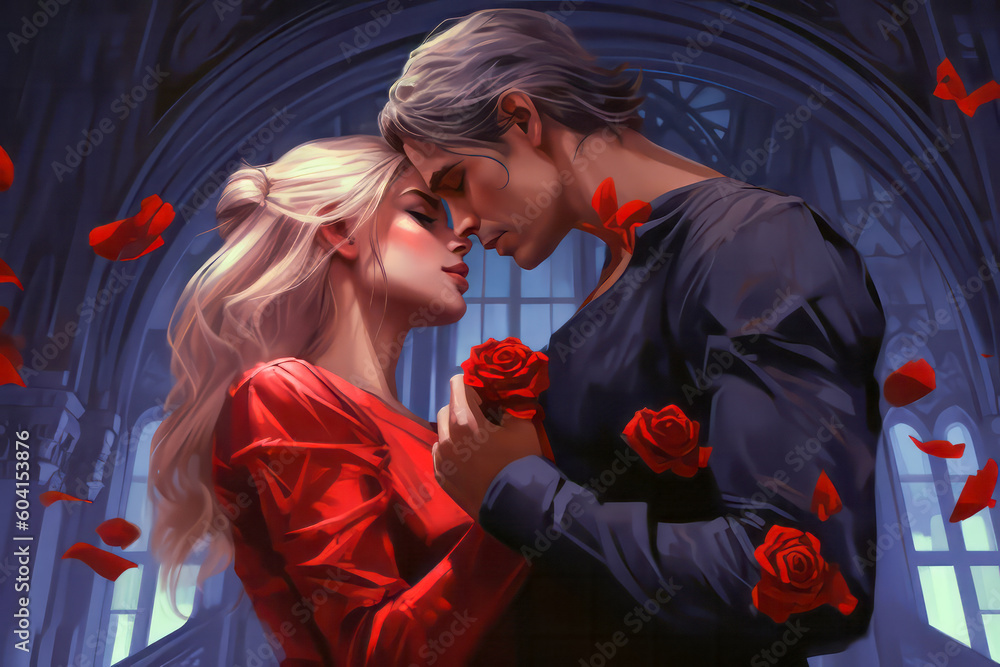 Ilustracja Stock: Gothic Couple in Love in Victorian Outfits, Nighttime Castle Setting with Red ...