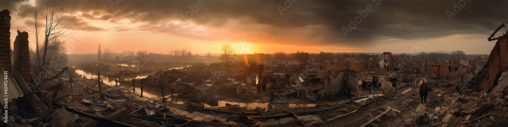 Stirring panoramic image of war-torn Ukraine, capturing silhouettes of ...