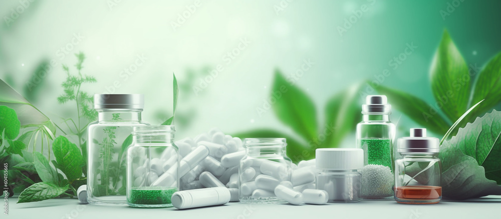Medical banner Pile of various pills and containers on colored ...