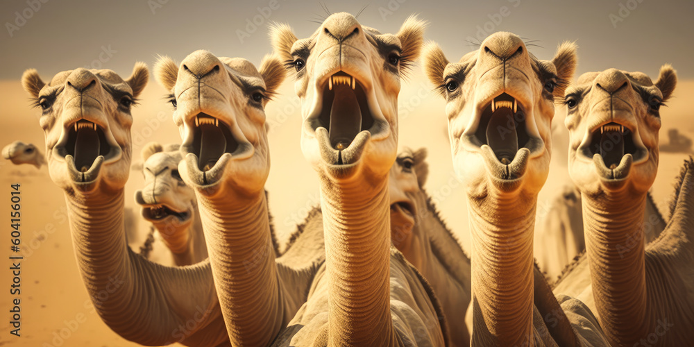 Captivating image of five fierce camels in a row, with wide-open mouths ...