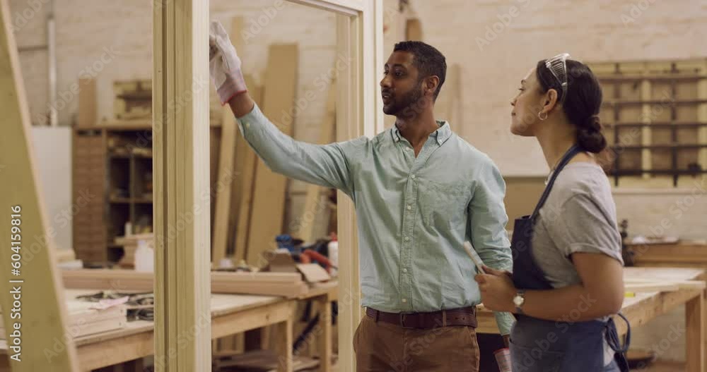 Carpenter, wood and frame inspection in workshop with worker, manager ...