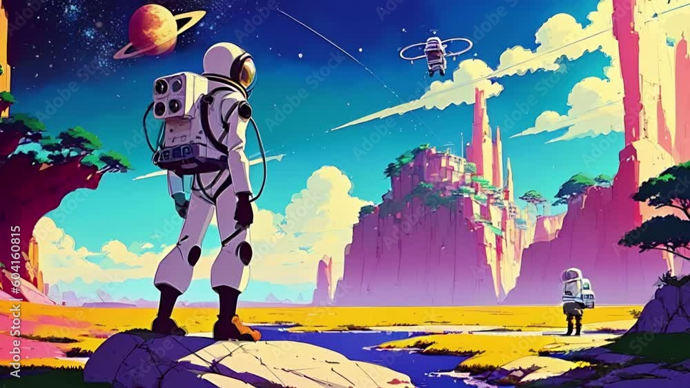 Astronaut exploring an alien planet, surrealistic animation. Dreamy ...