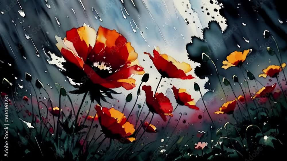Vintage poppies field flowers watercolor animation. Floral background ...