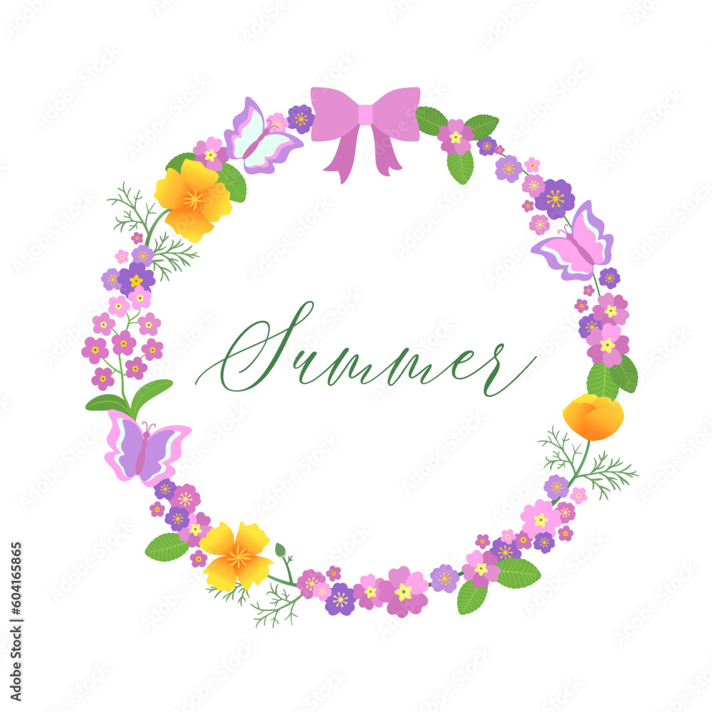Summer circle frame vector. Cute summer wreath isolated on white ...