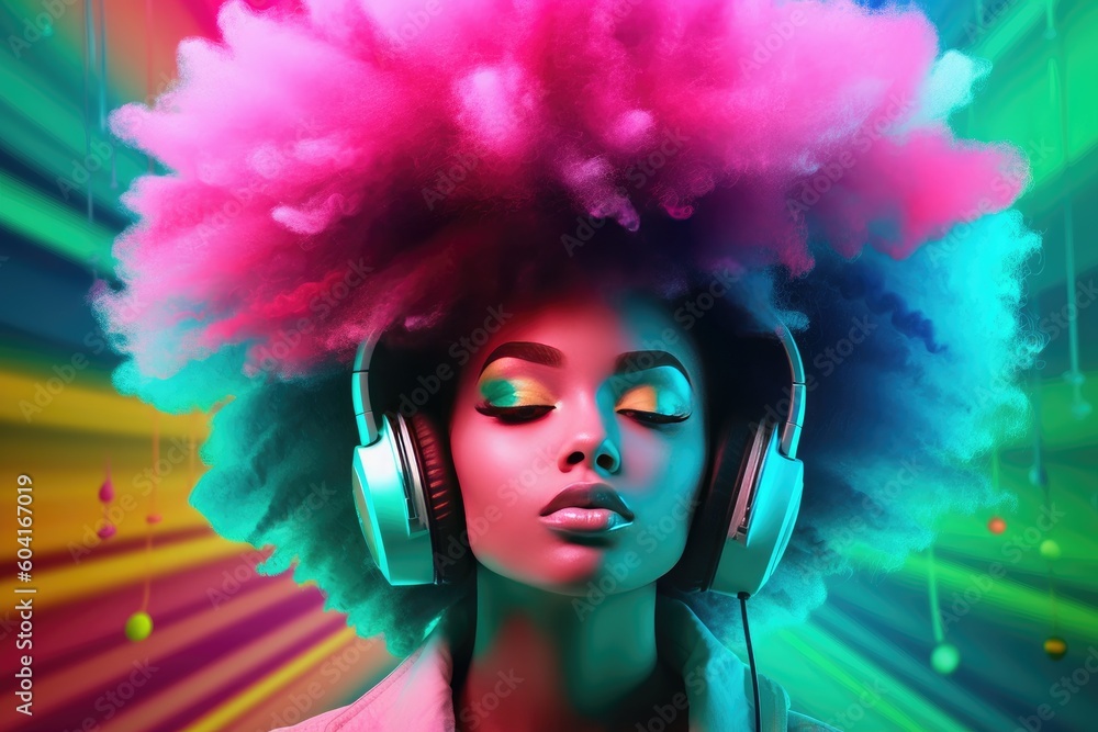Young black woman with colorful afro in music background, in the style ...