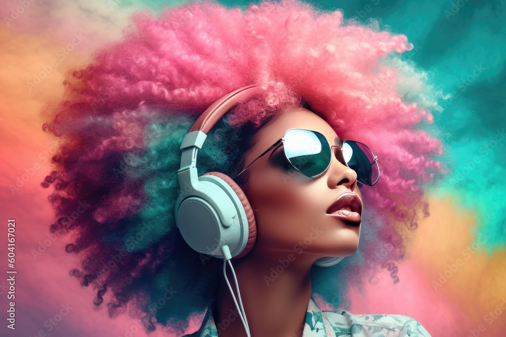 Young black woman with colorful afro in music background, in the style ...