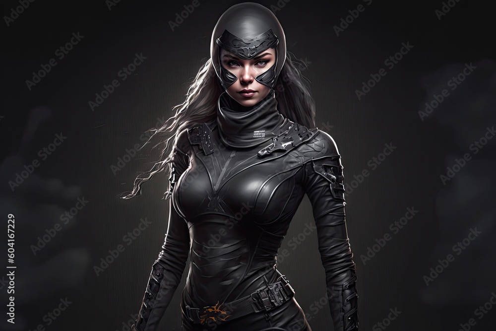 Ninja woman in full bodysuit isolated black background. Concept of ...