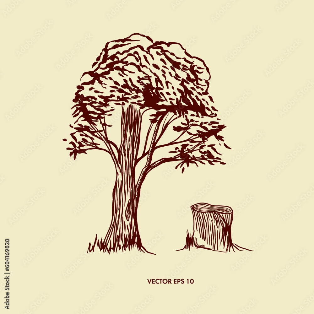 Vector deciduous tree and stump. Graphic arts. As a design element for ...