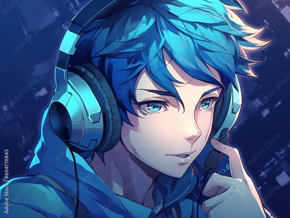Anime Boy With Blue Hair And Headphones