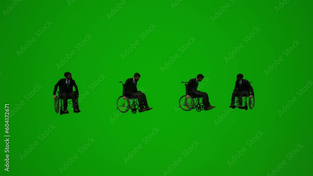 3D man in a suit on a green screen filming and moving in a sitting and ...