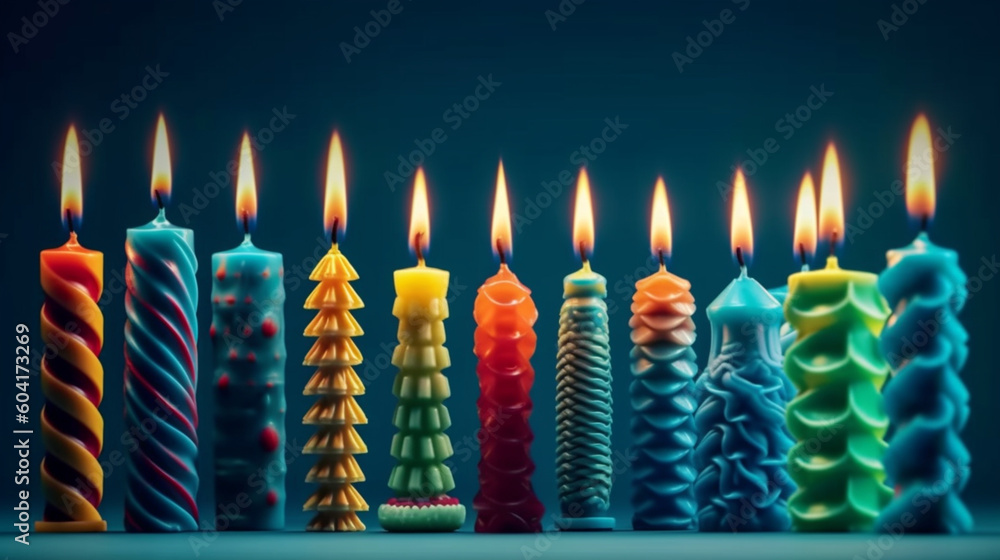 Set of many different color shape and pattern birthday candles burning ...