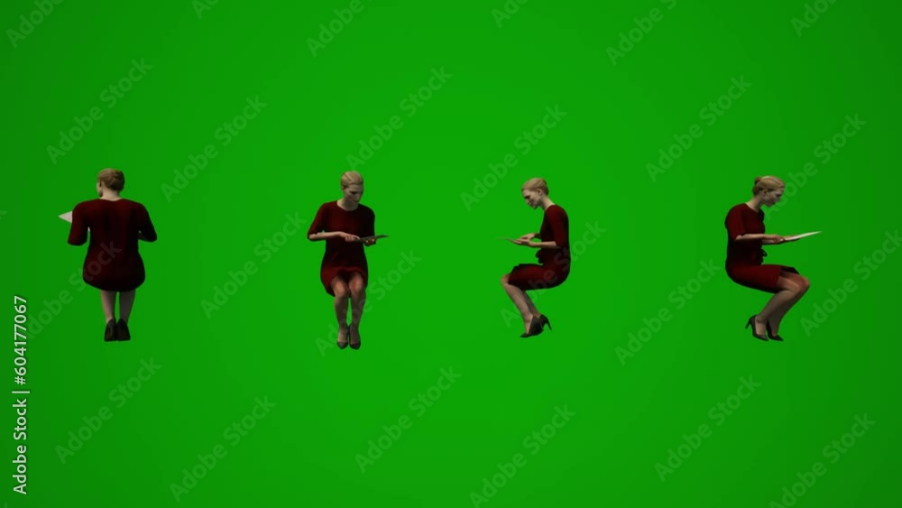 3D American blonde female lawyer sitting on green screen thinking and ...