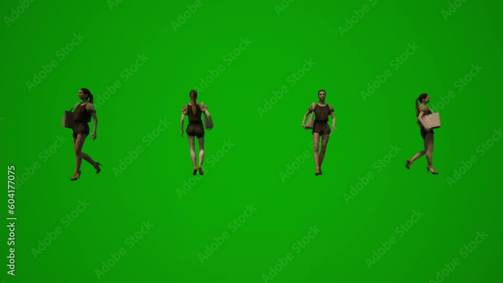 3D female shop assistant on green screen walking and buying and selling ...