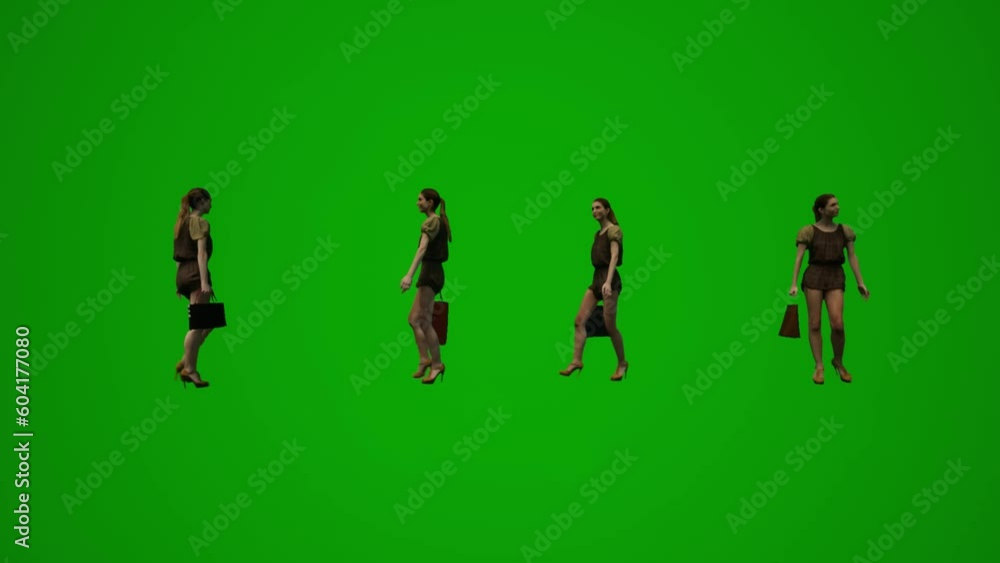 3D female shop assistant on green screen walking and buying and selling ...