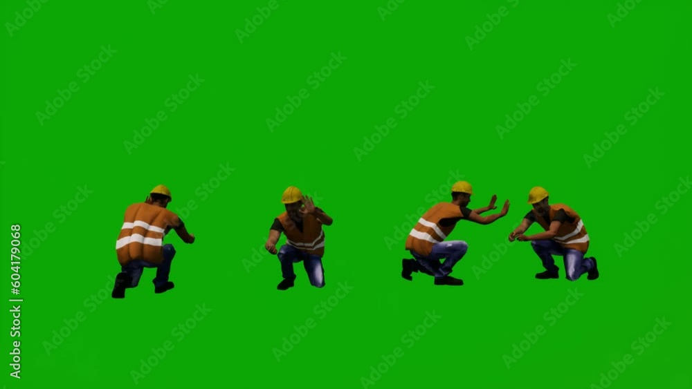 3d of several architects and buildings on a green screen sitting and ...