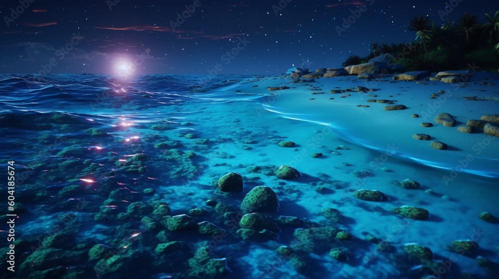 Ocean shore at night, the water is full of dinoflagellates, glowing ...