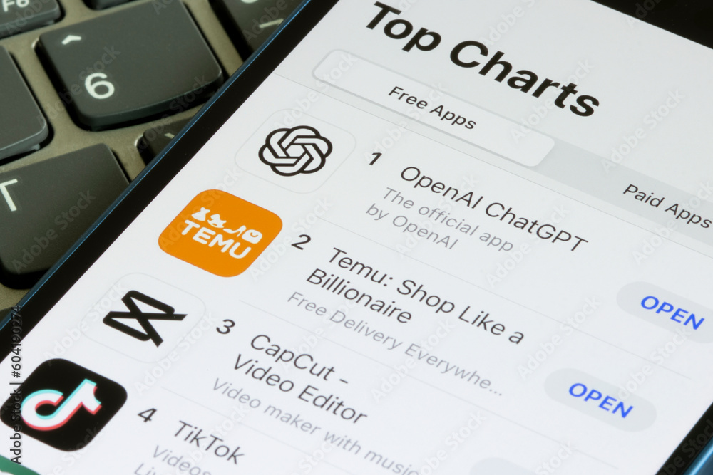 Portland, OR, USA - May 19, 2023: App Store top charts ranking for free iOS apps are seen on an ...