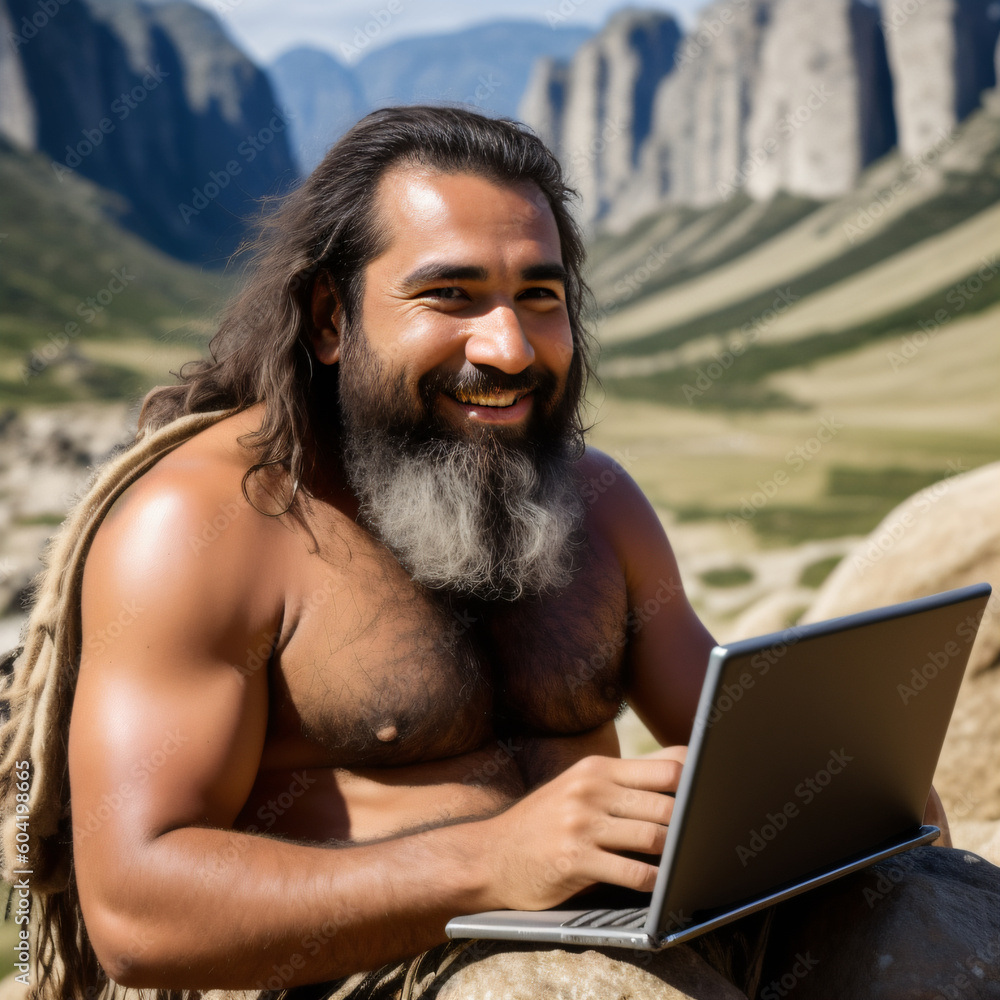 Ancient human using a laptop in a cave, showcasing the advancement of ...