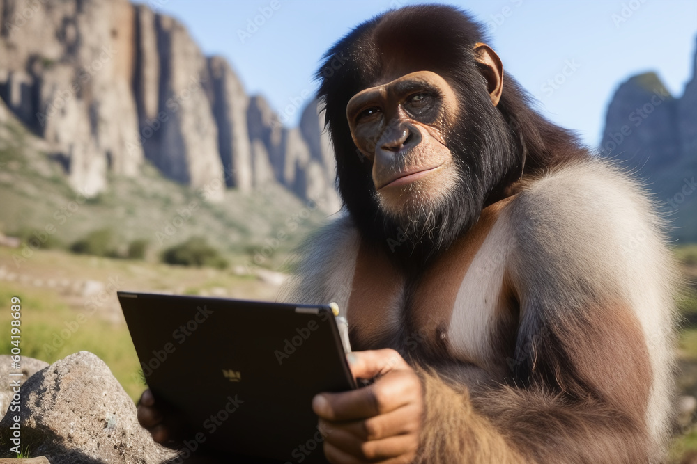 Ape-like figure using laptop, showing the clash of ancient and modern ...