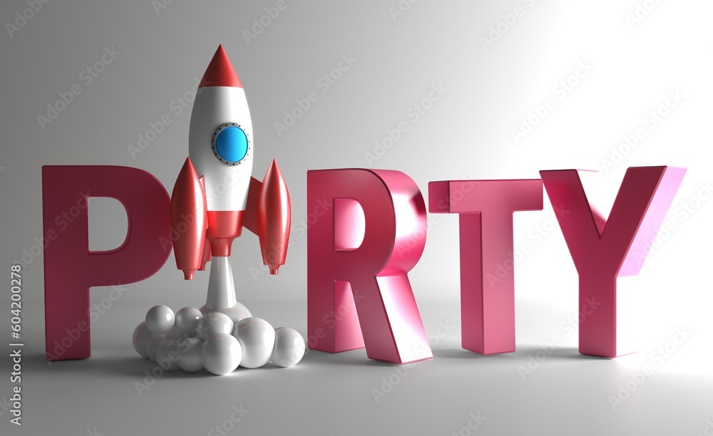 3D Text PARTY rocket launch. PARTY 3D Text. 3D Rendering. Stock ...