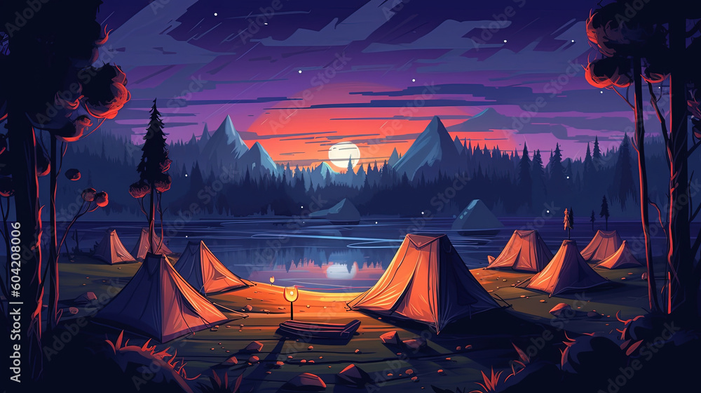 A illustration of cartoon camping. Summer nature scene Stock ...