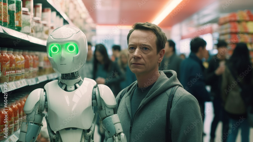 a service robot and household robot goes shopping, in the supermarket ...