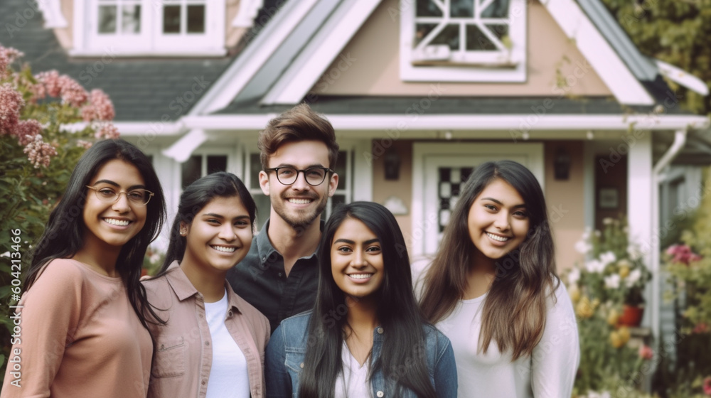 family or friends stand in a group in front of a house in the garden ...
