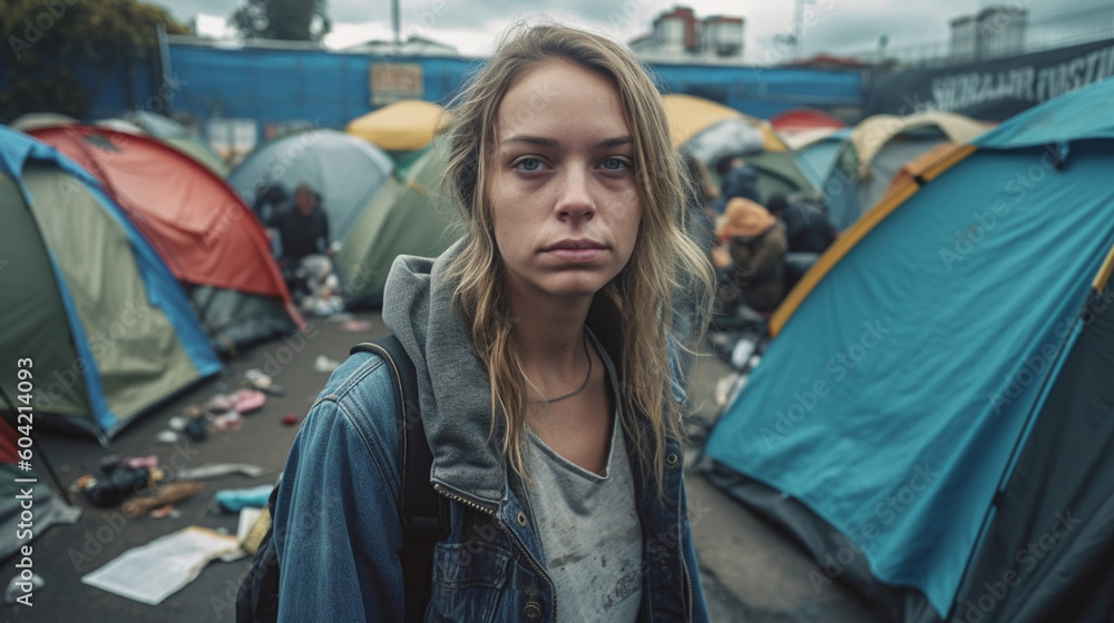 homeless and in poverty in a tent city, alone and discouraged and sad ...