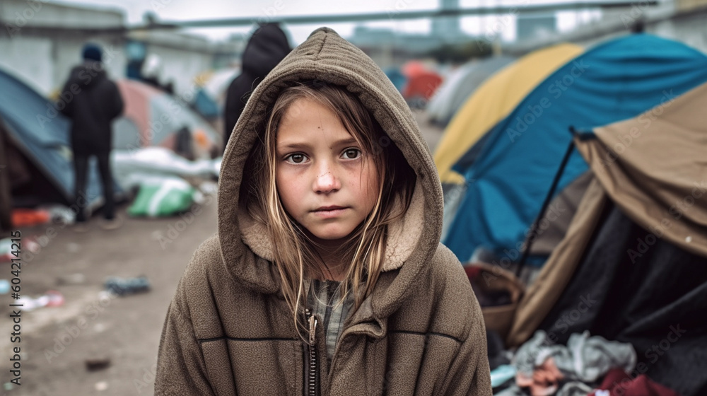 child kid girl homeless and in poverty in a tent city, alone and ...
