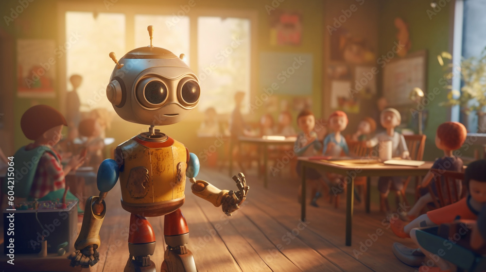 cartoon robot is a teacher, teacher in a primary school with many ...
