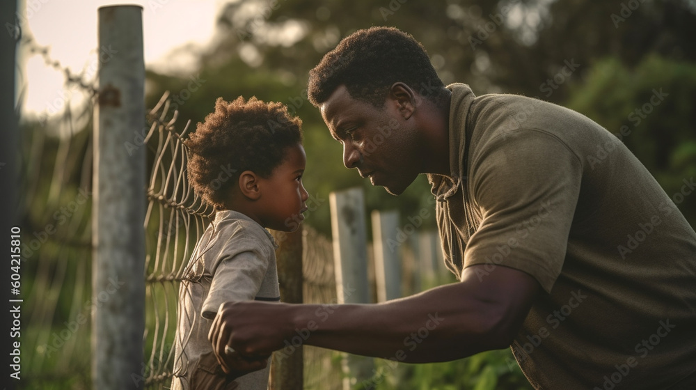 border fence with a father man and a child son boy, migration or flee ...