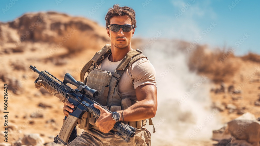 modern fictional soldier, weapon and combat gear, man as soldier in ...