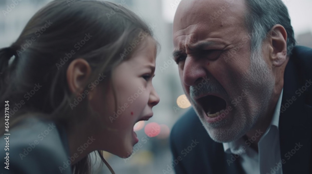 an old man in a suit has a fight with a child, father and daughter or ...